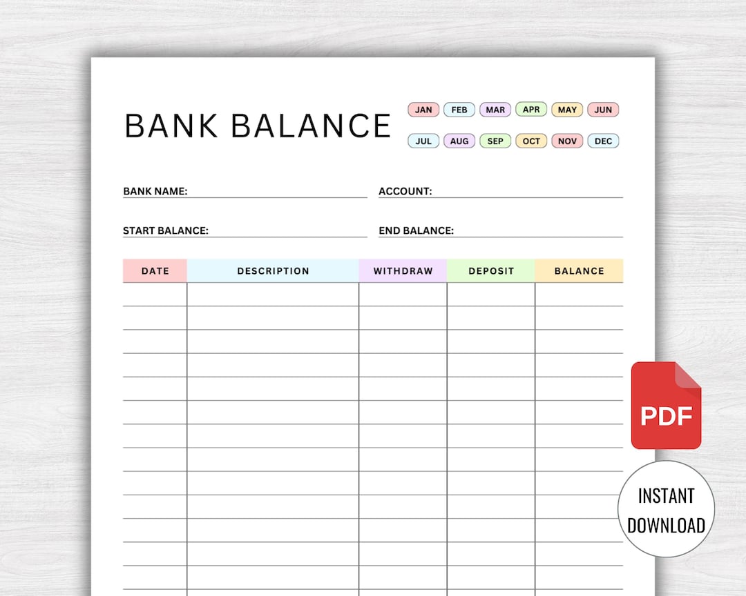 Printable Bank Balance Sheet, Savings Tracker, Banking Record, Finance ...