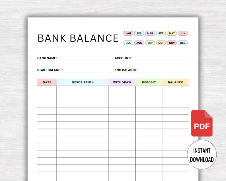 Printable Bank Balance Sheet, Savings Tracker, Banking Record, Finance ...