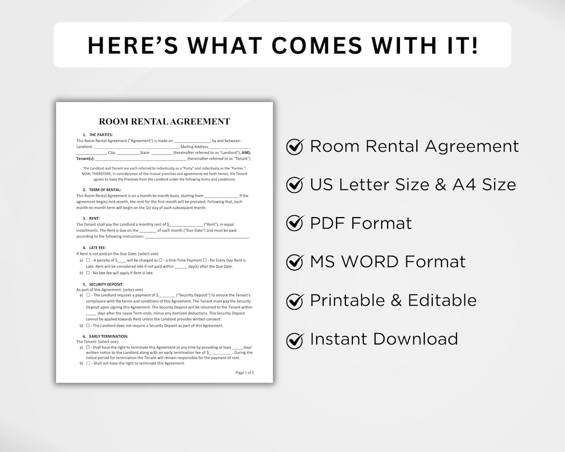 Basic Room Rental Agreement Template | Editable Room Rental Contract ...