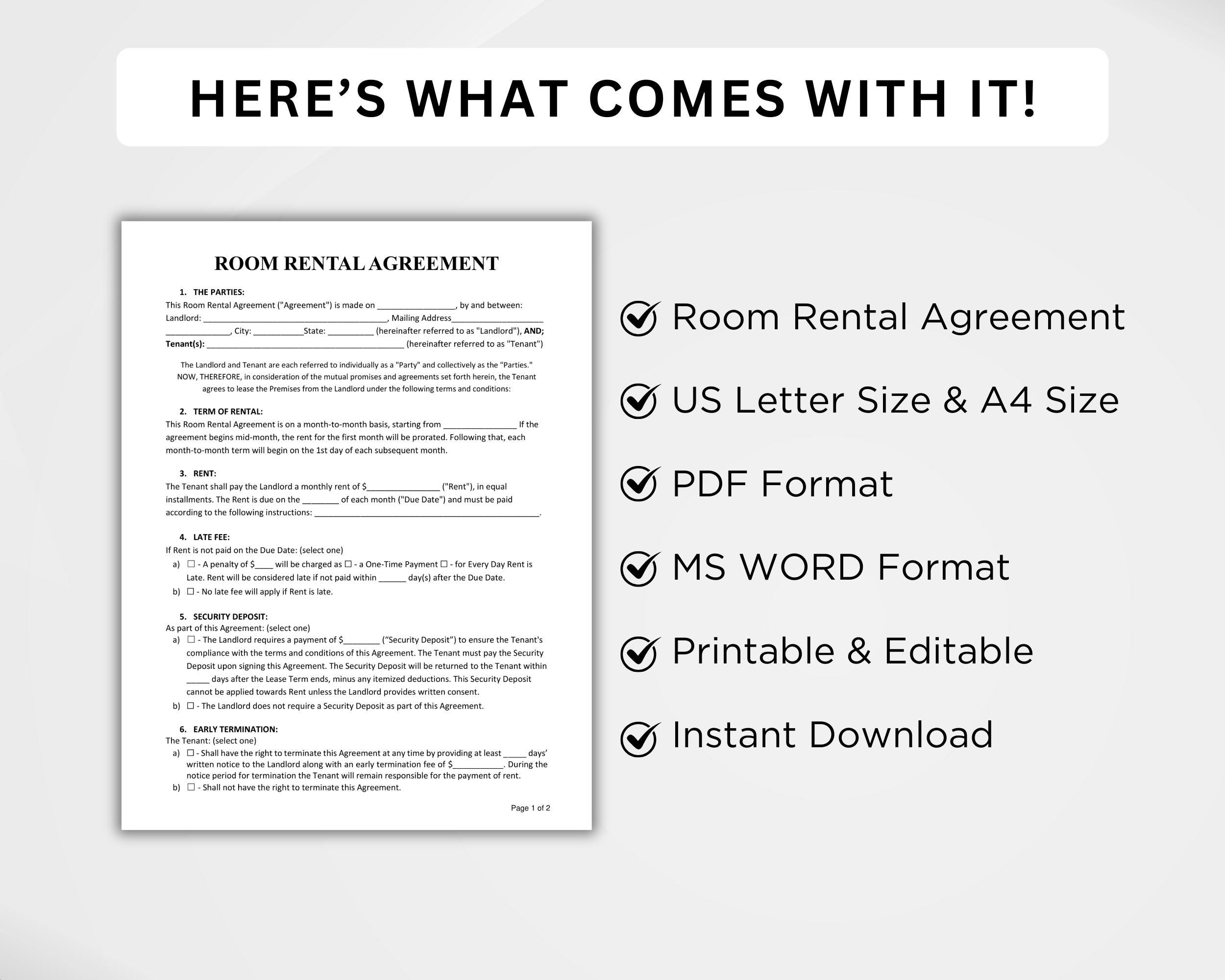 Basic Room Rental Agreement Template | Editable Room Rental Contract ...