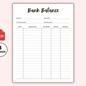 Bank Balance Tracker, Printable Finance Planner, Bank Account Log ...