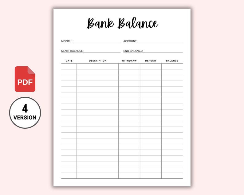 Bank Balance Tracker, Printable Finance Planner, Bank Account Log ...