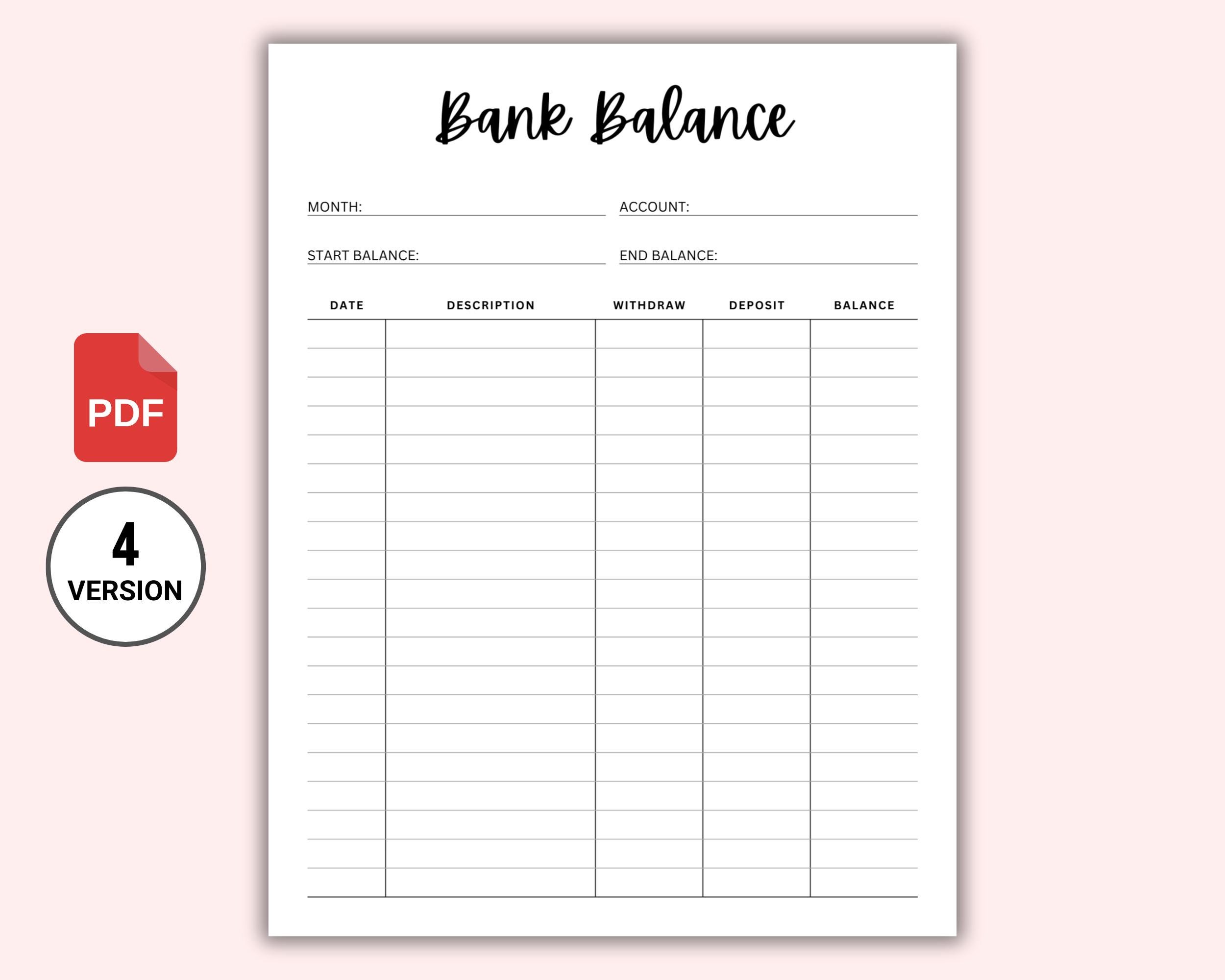 Bank Balance Tracker, Printable Finance Planner, Bank Account Log ...