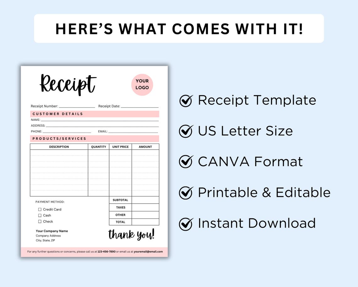 Receipt Template Printable, Billing Template, Small Business Digital ...