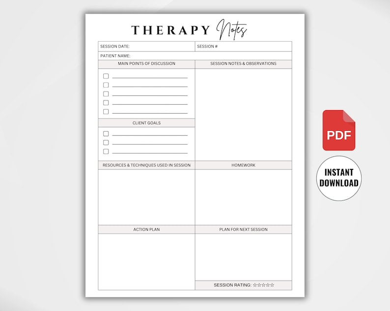 Therapy Session Notes Template Printable, Therapist & Psychologist ...