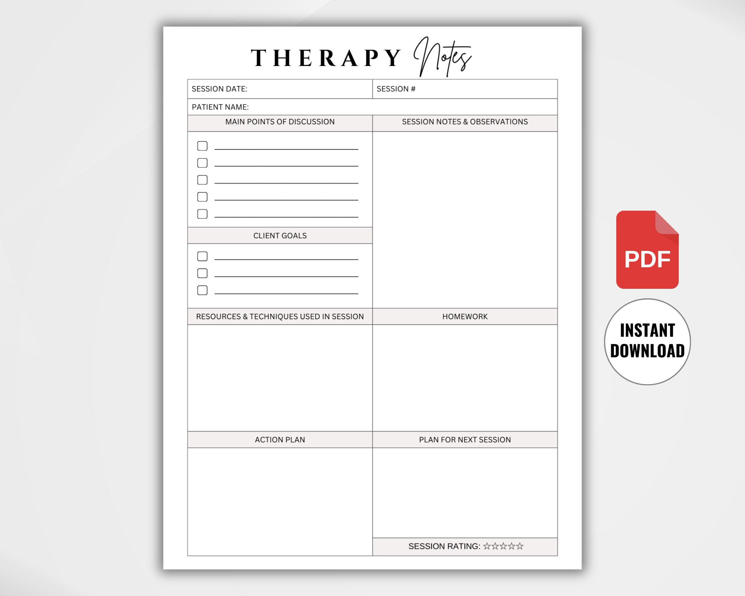 Therapy Session Notes Template Printable, Therapist & Psychologist ...