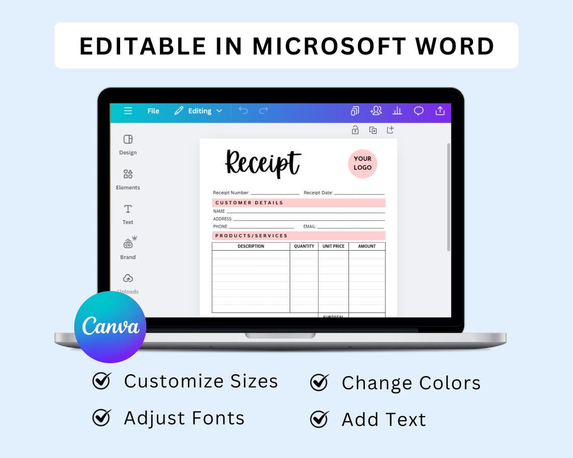 Receipt Template Printable, Billing Template, Small Business Digital ...