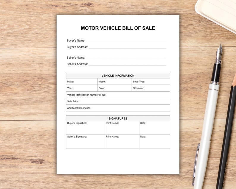 Vehicle Bill of Sale Template, Editable Bill of Sale Form, Car Sale ...