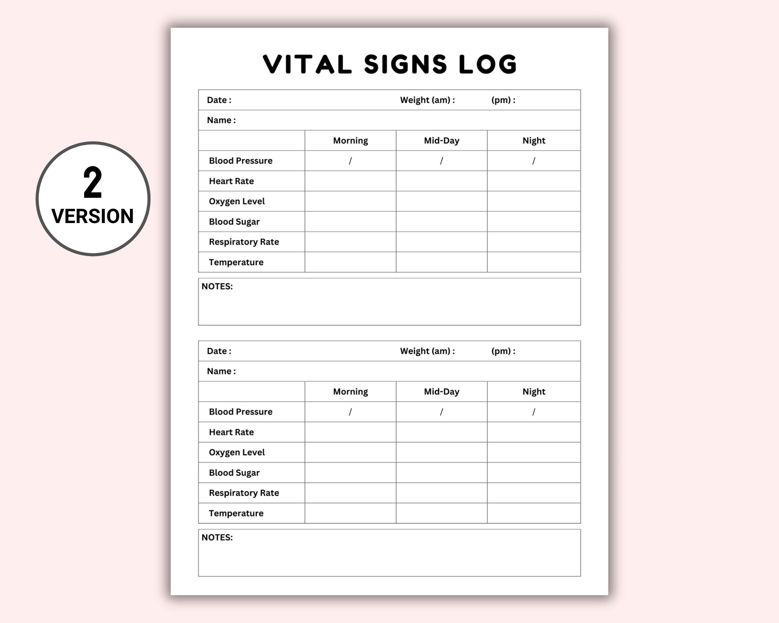Printable Vital Signs Log. Daily Vitals Chart. Vital Signs Log for ...