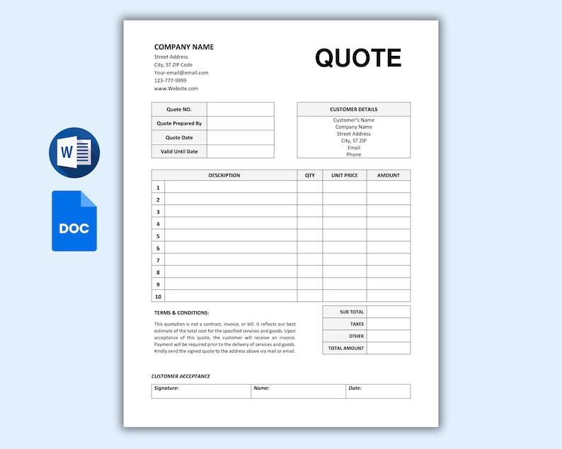 Editable Quote Template. Printable Quote Form. Job Proposal. Small ...