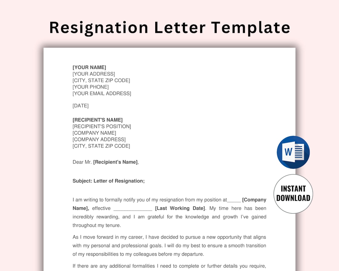 Professional Resignation Letter Template, Letter of Resignation ...