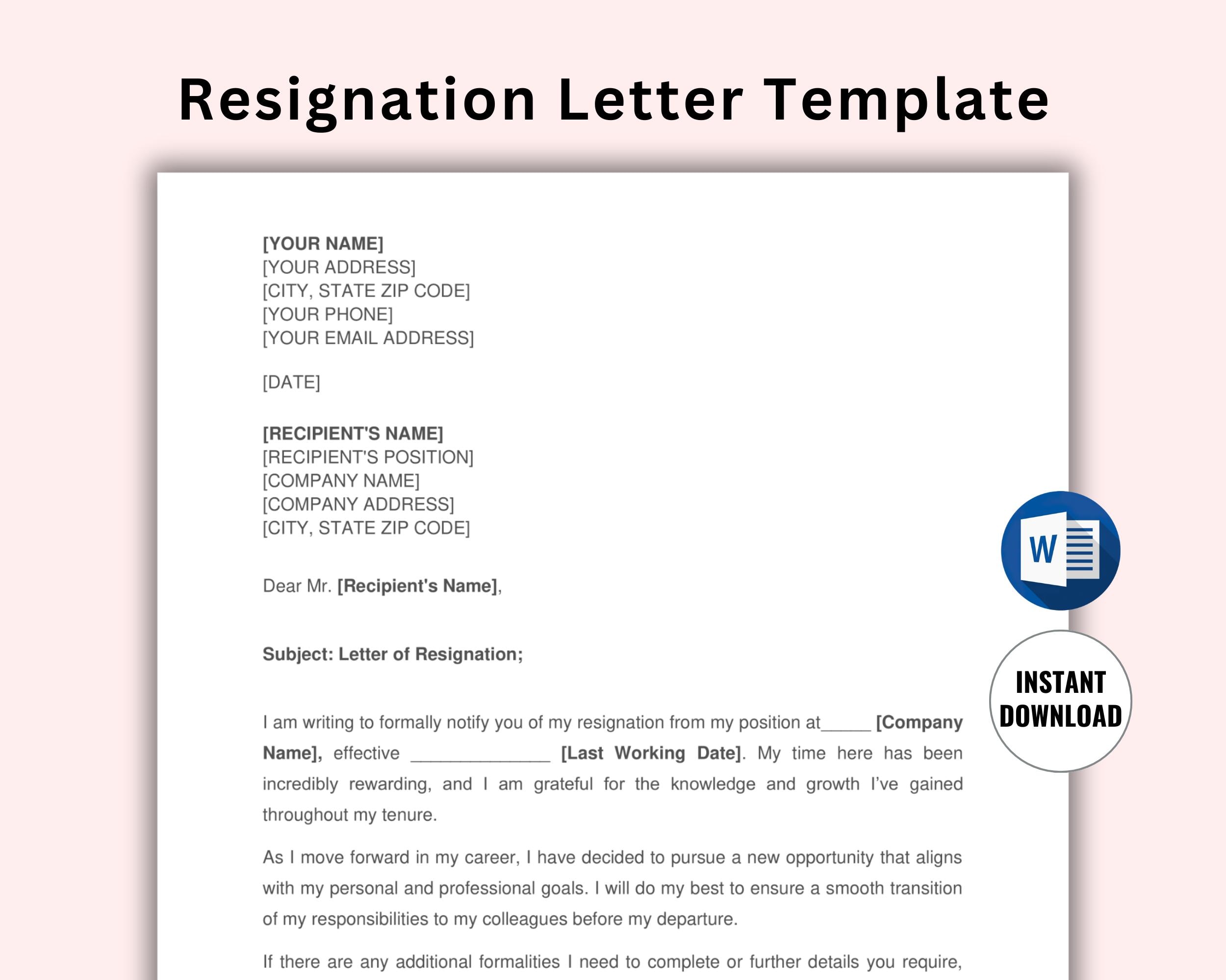 Professional Resignation Letter Template, Letter of Resignation ...