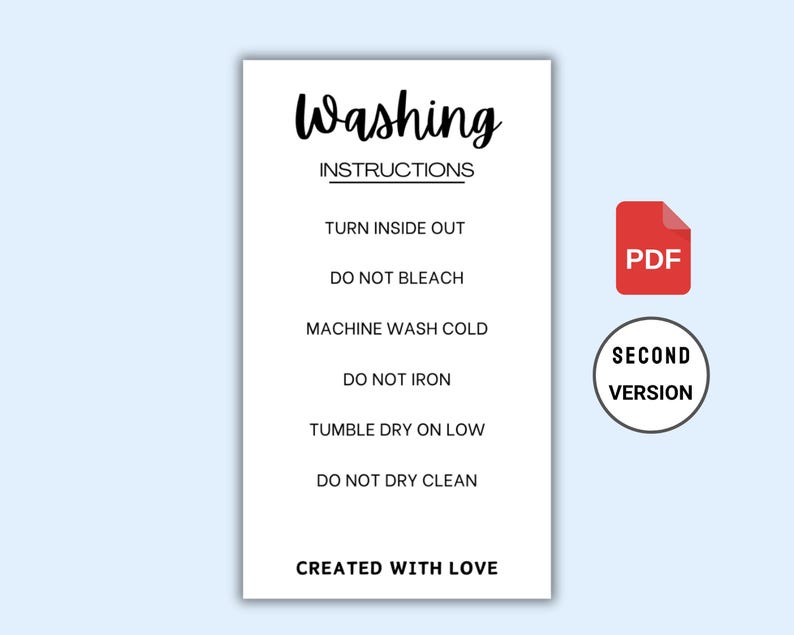 Washing Instructions Card Template Printable Clothing Care Card Tshirt ...