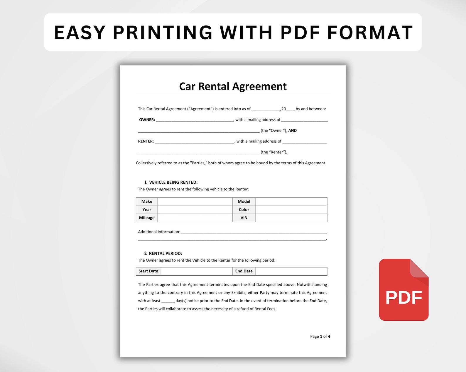 Editable Car Rental Agreement Template, Car Rental Contract, Auto ...