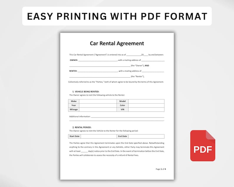 Editable Car Rental Agreement Template, Car Rental Contract, Auto ...