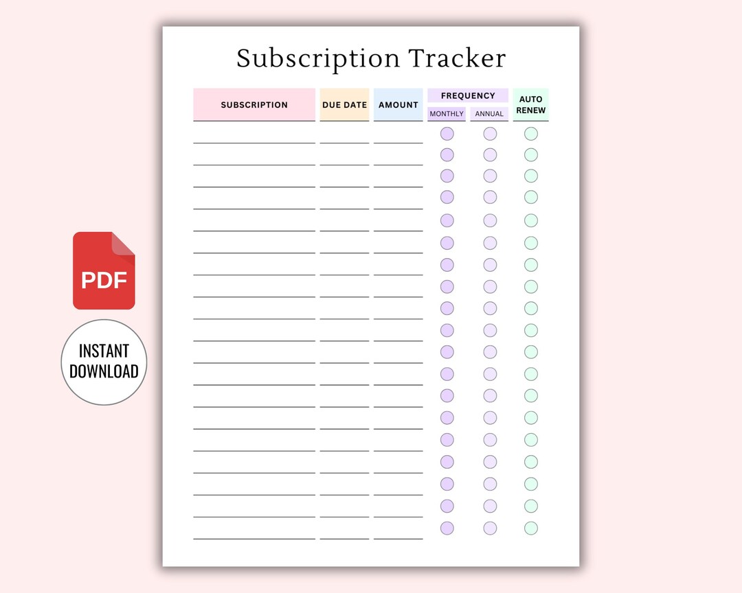 Printable Subscription Tracker PDF | Monthly Expense Log | Membership ...