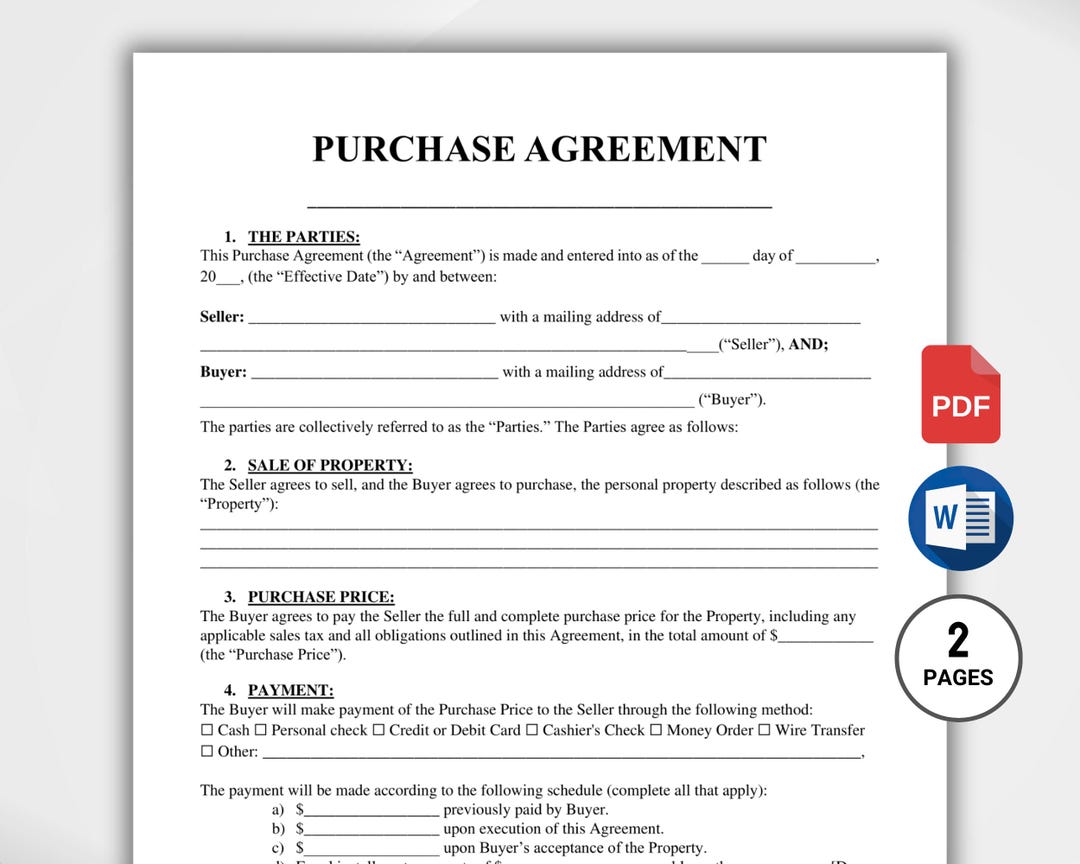 Printable Purchase Agreement Template: Editable PDF & Word - Etsy