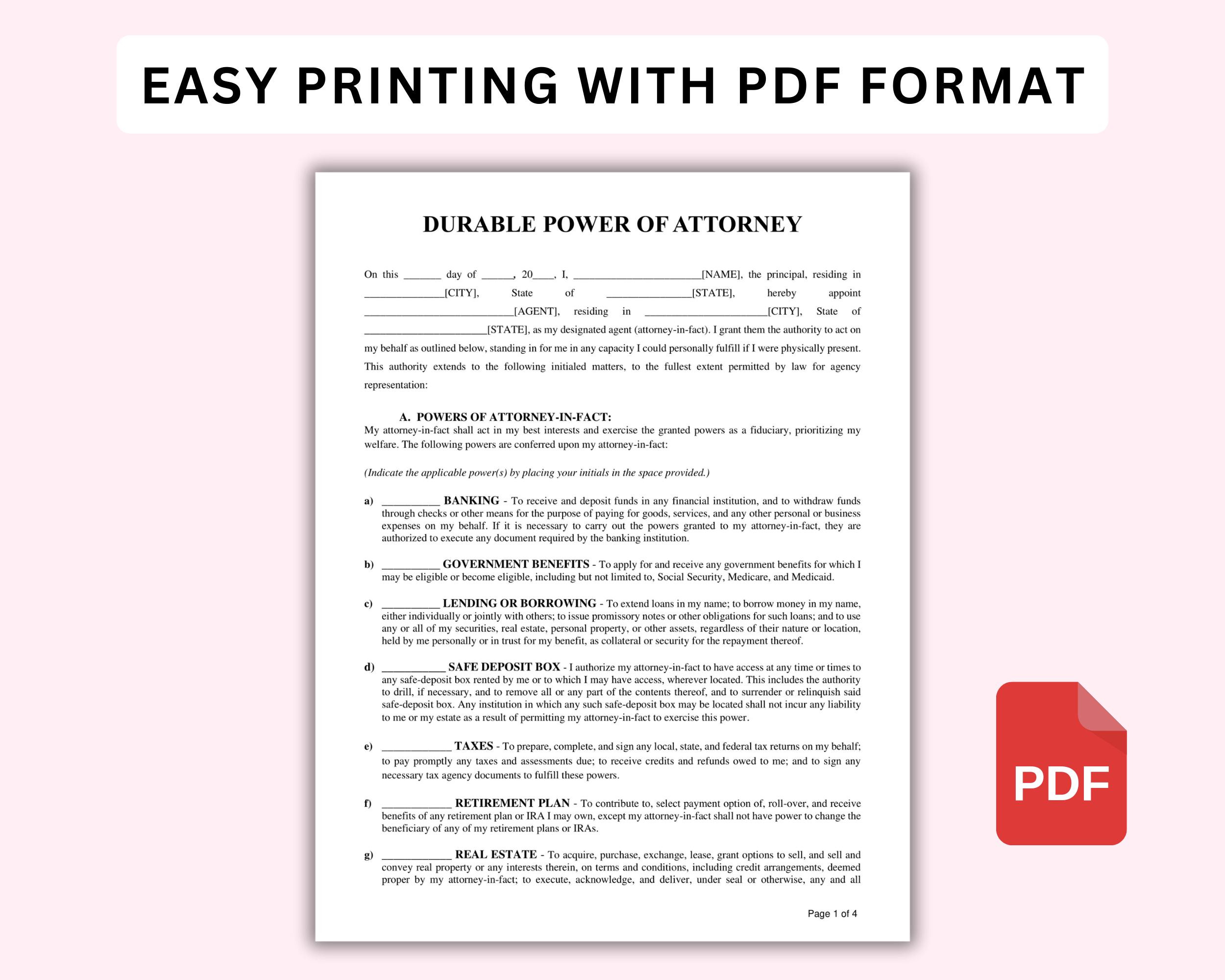 Durable Power of Attorney Template Editable, Durable Power of Attorney ...