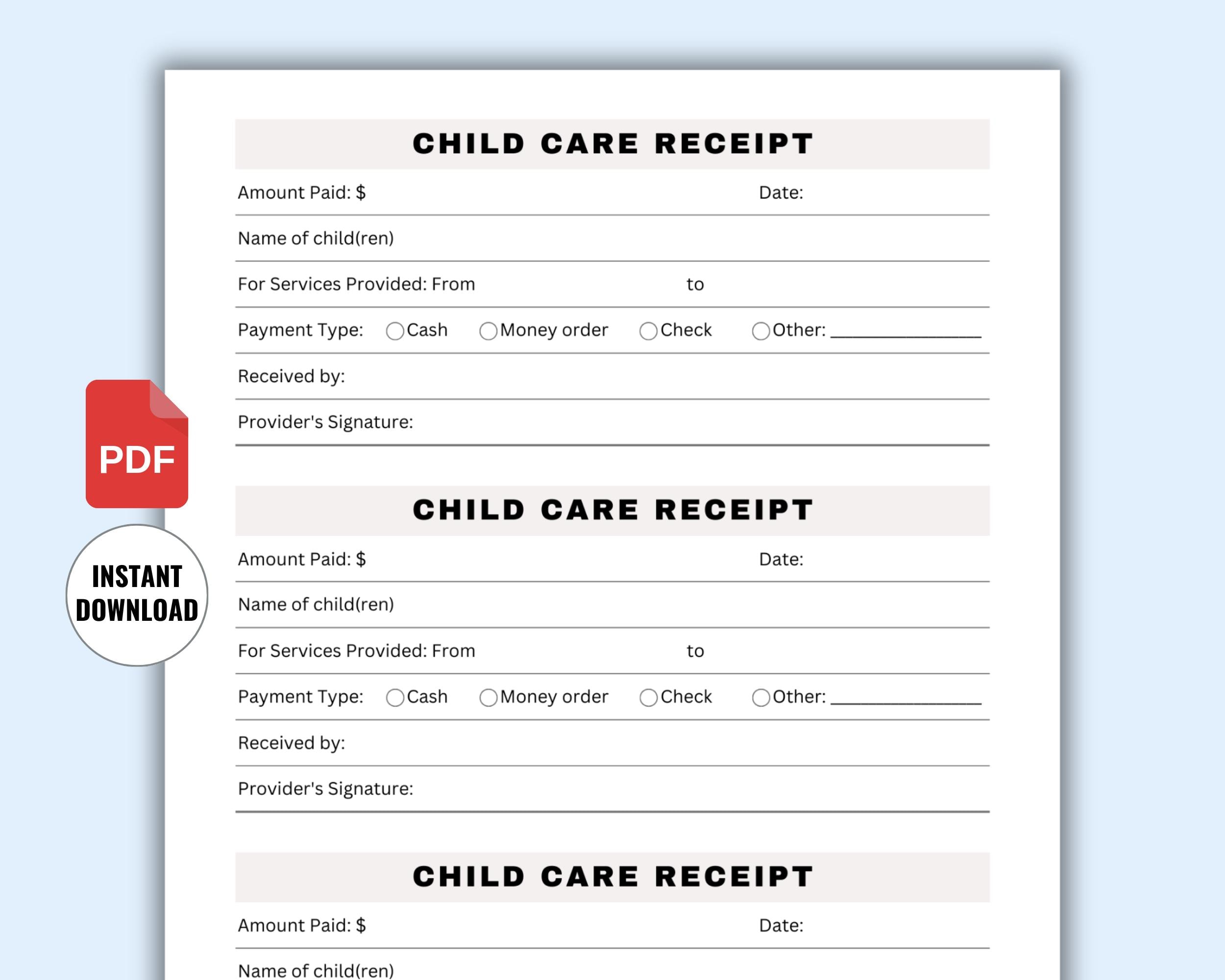 Child Care Receipt Printable, Daycare Payment Form, Daycare Receipt ...
