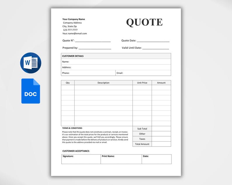 Quote Template Editable. Job Proposal Template. Price Quotation Sheet ...