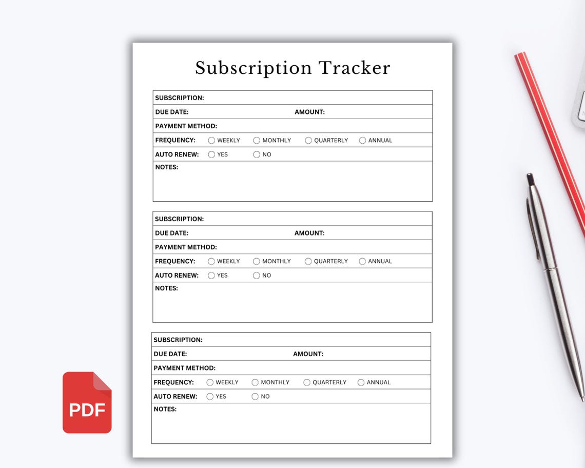 Printable Subscription Tracker PDF. Subscription Log. Expense Tracker. Membership Tracking ...