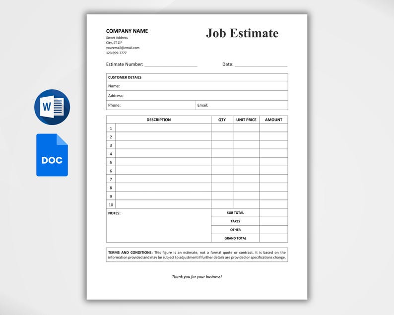 Job Estimate Template Printable | Editable Work Estimate Form ...