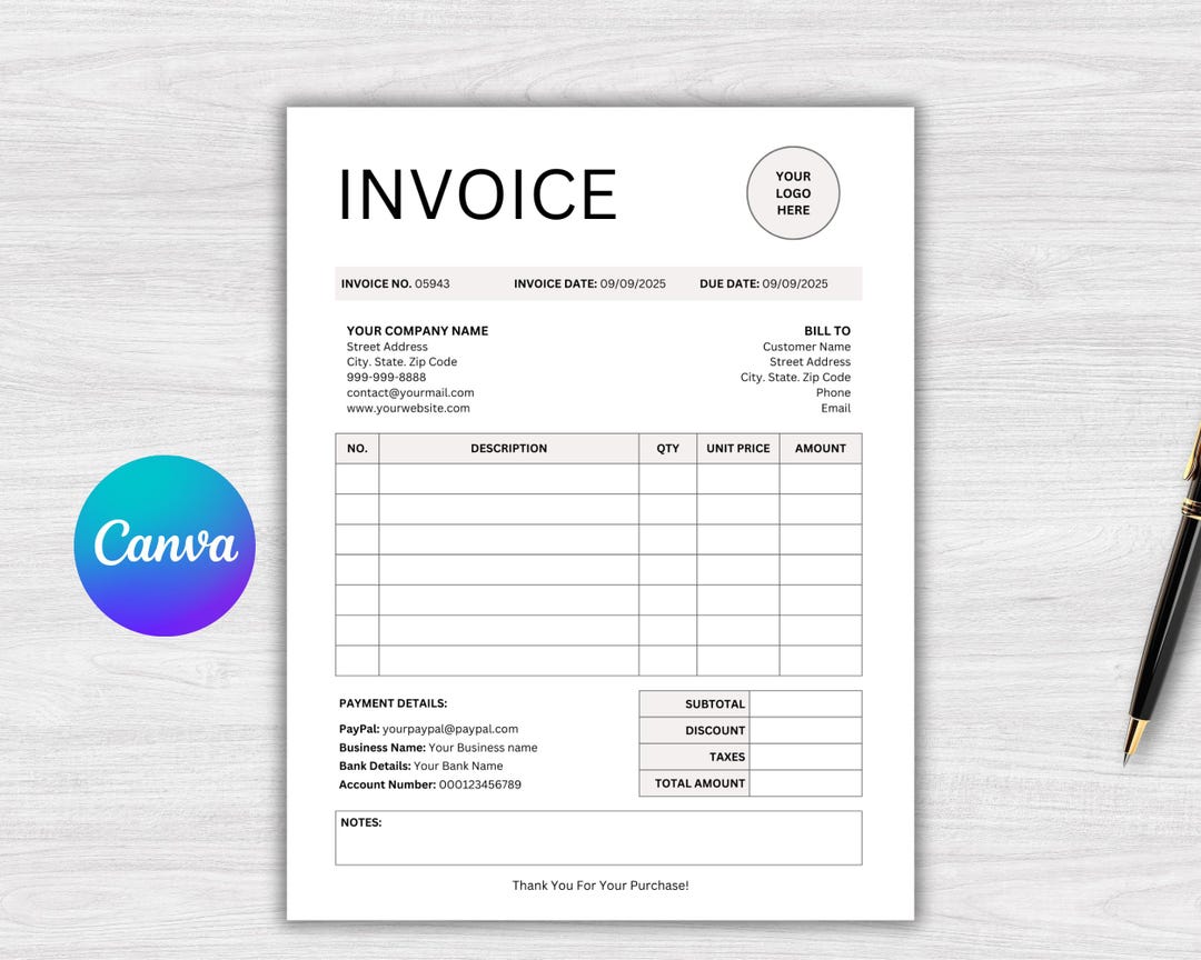 Editable Invoice Template for Small Business, Printable Billing ...