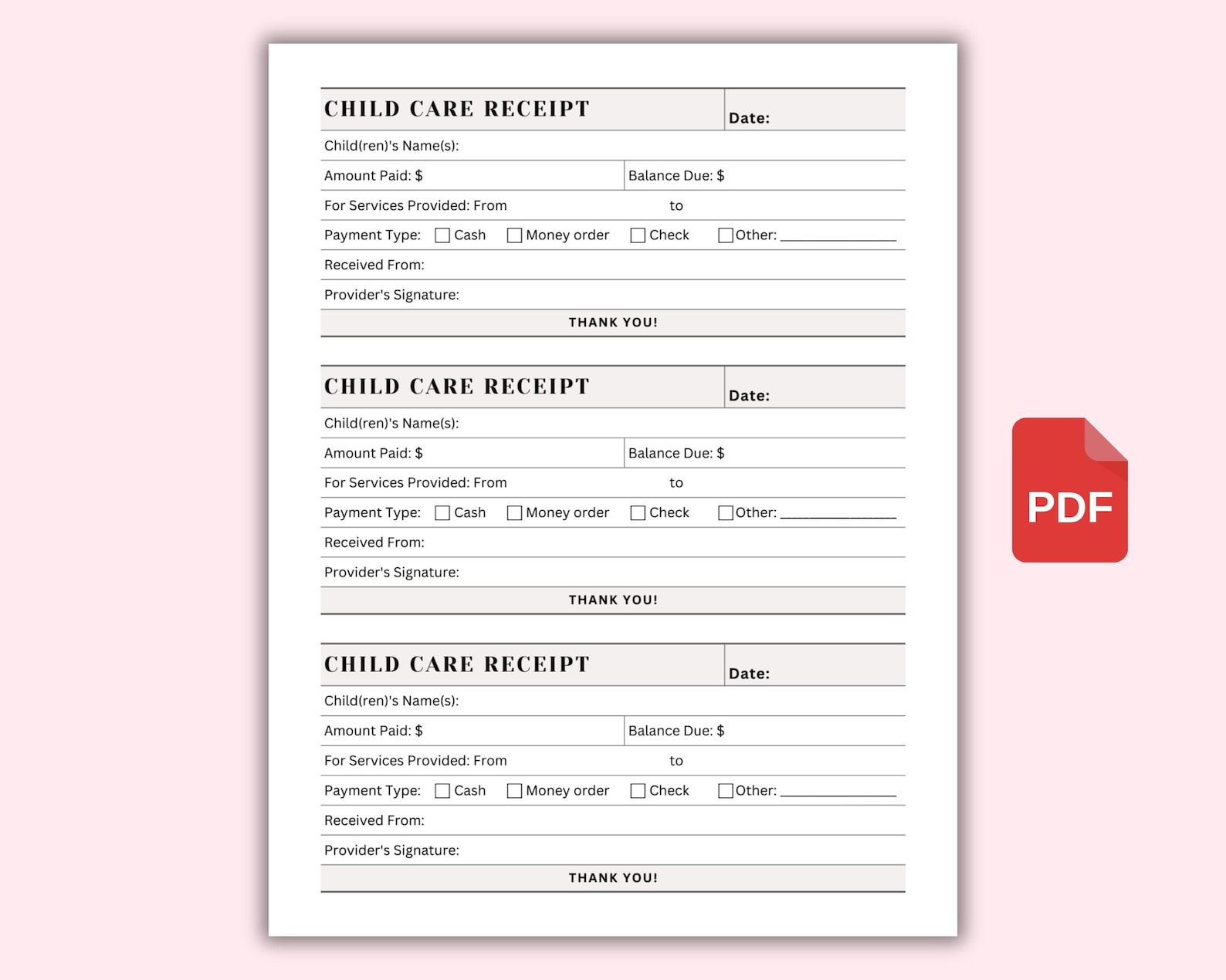 Child Care Receipt Printable, Daycare Payment Form, Daycare Receipt ...