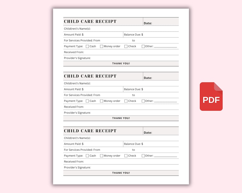 Printable Child Care Receipt. Daycare Receipt Child Care Payment Form ...