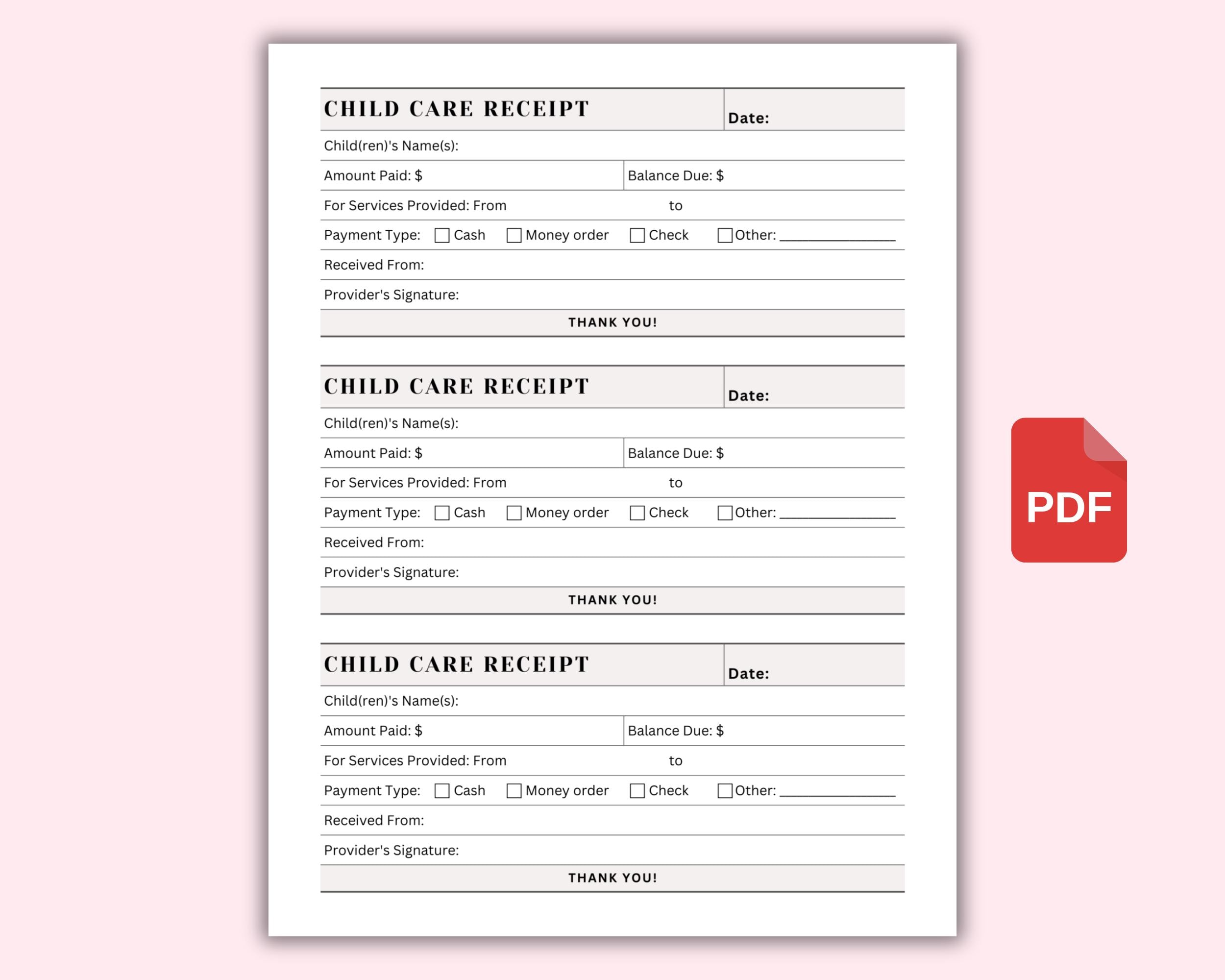 Printable Child Care Receipt. Daycare Receipt Child Care Payment Form ...