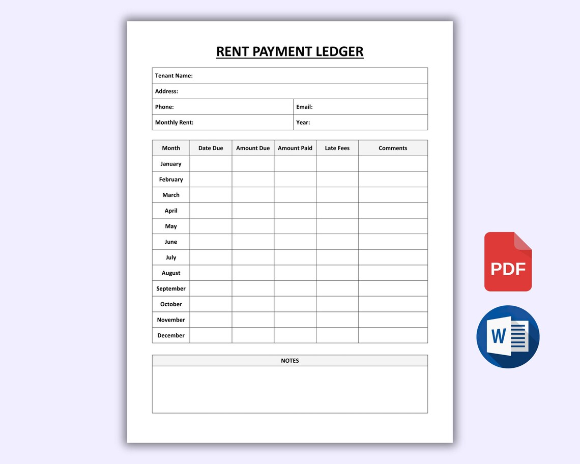 Editable Rent Payment Ledger. Monthly Rent Payment Tracker. Rent ...