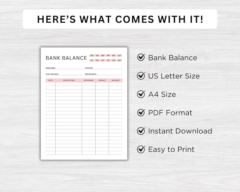 Bank Balance Printable. Bank Account Log. Balance Sheet. Savings ...