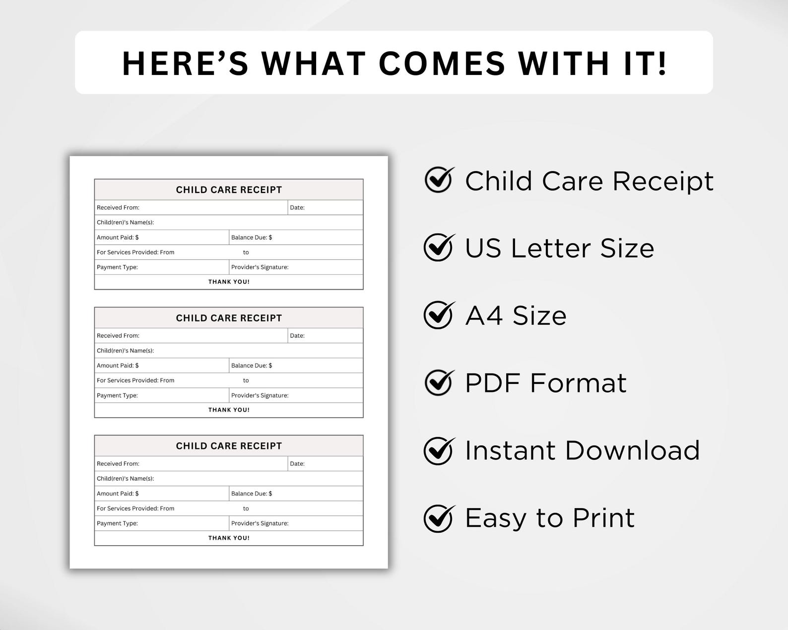 Daycare Receipt Printable, Child Care Payment Form, Childcare Receipt ...