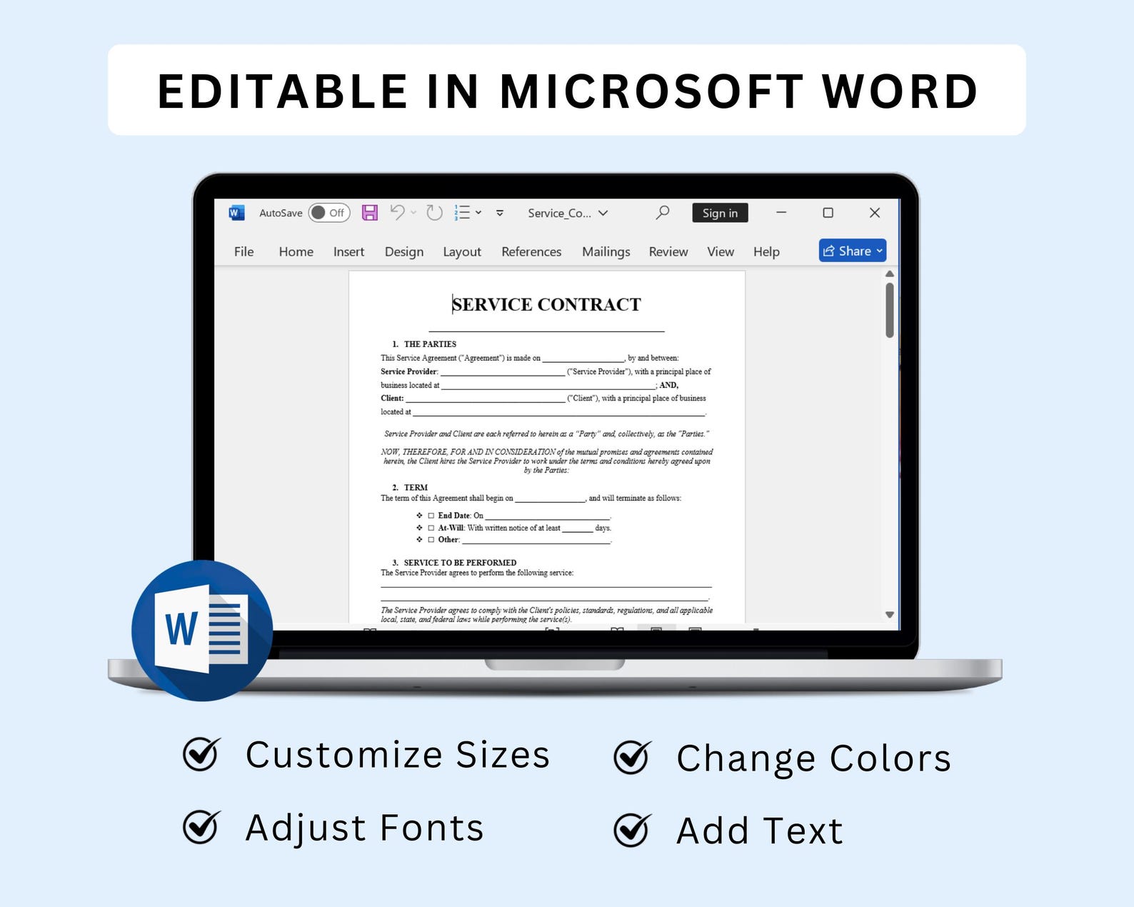 Editable Service Contract Template, Printable Services Contract ...