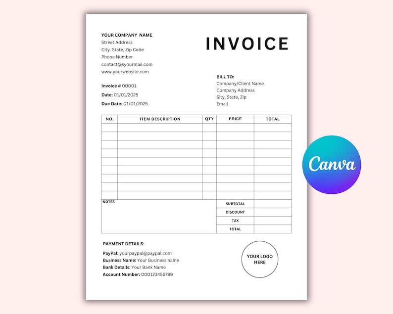 Editable Invoice Template: Modern Business Form (canva, Instant ...