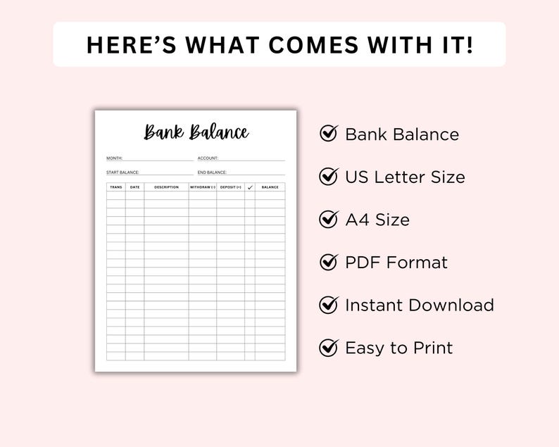 Bank Balance Tracker, Printable Finance Planner, Bank Account Log ...