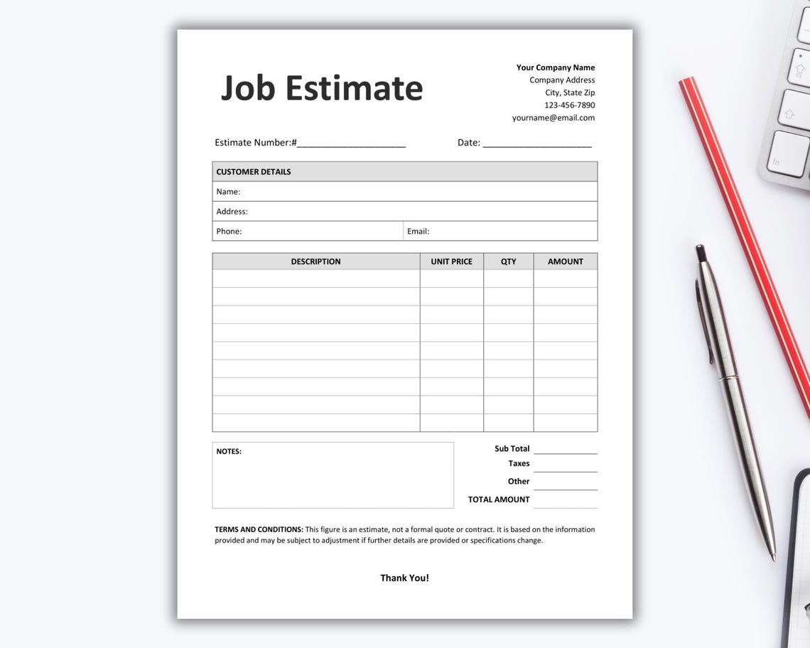 Printable Job Estimate Template. Simple Job Estimate Form. Job Proposal ...