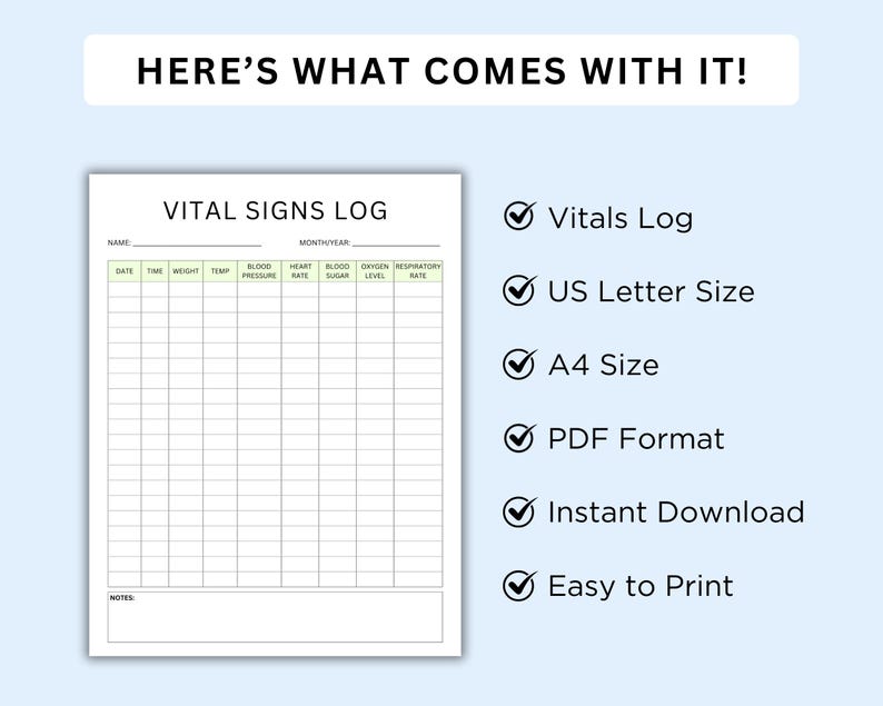 Printable Vital Signs Log. Daily Vitals Chart. Vital Signs Template for ...