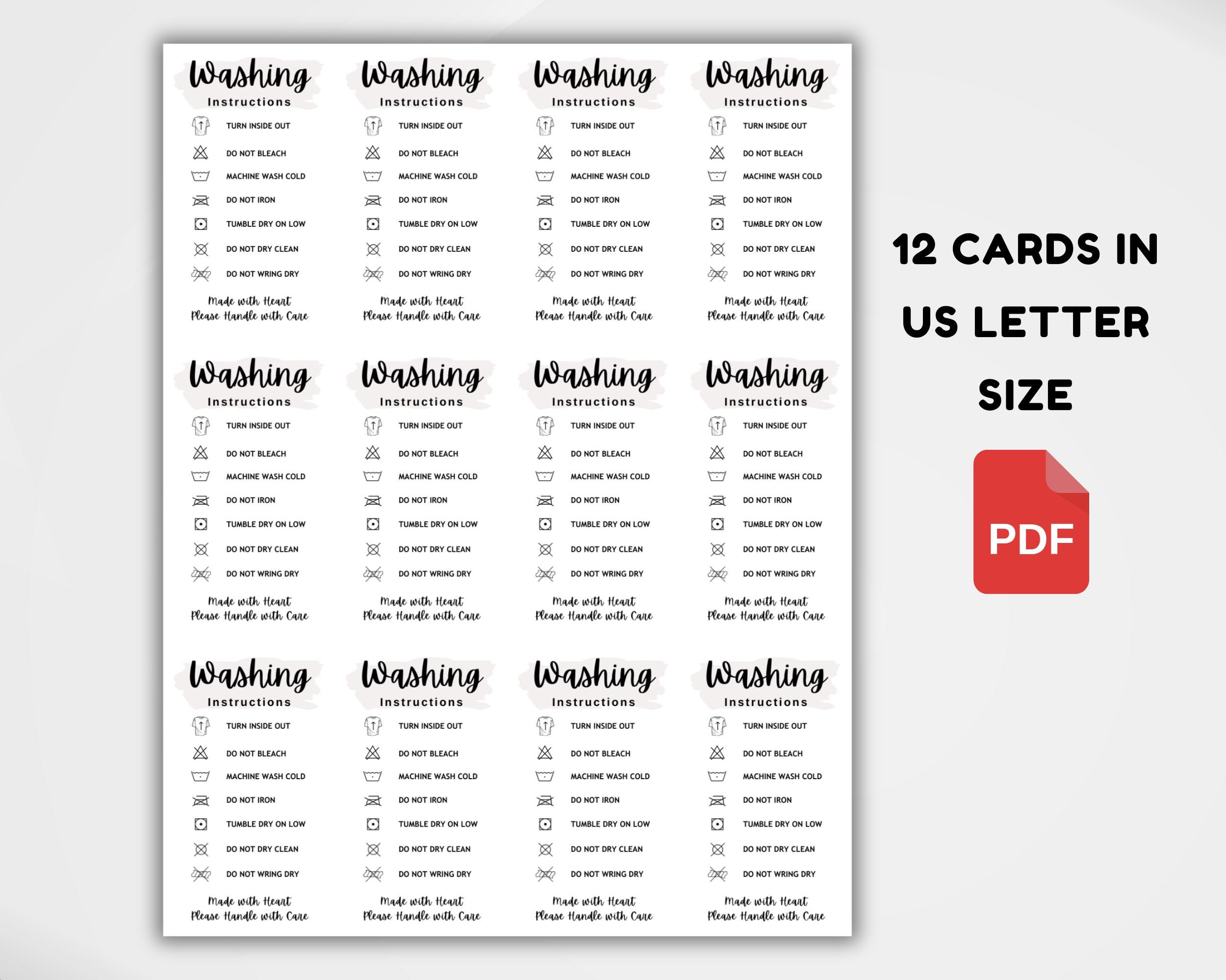 Printable Washing Instructions Card Template. Clothing Care Card. Shirt ...