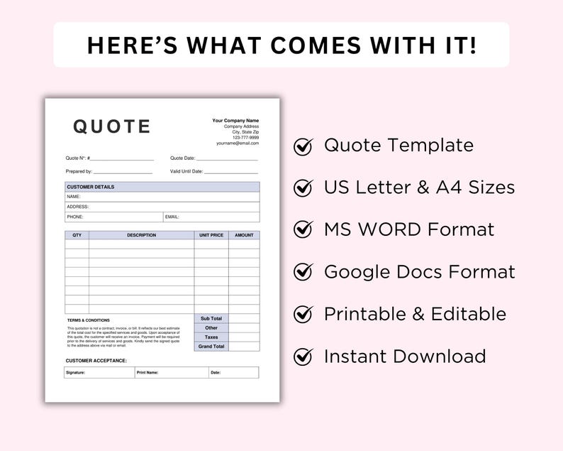 Editable Quote Template. Printable Quote Form. Job Quote Proposal ...
