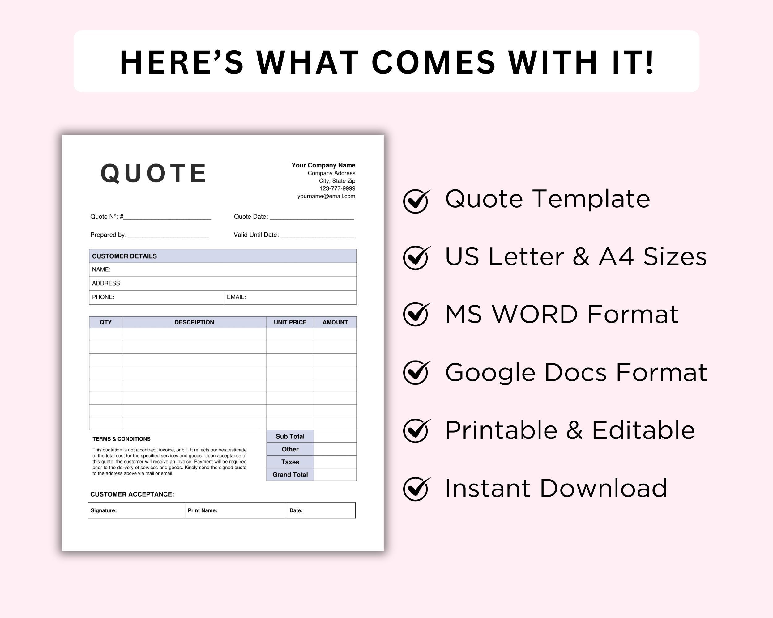 Editable Quote Template. Printable Quote Form. Job Quote Proposal ...