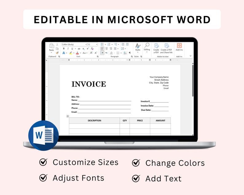 Editable Business Invoice Template, Custom Billing Form for Word ...