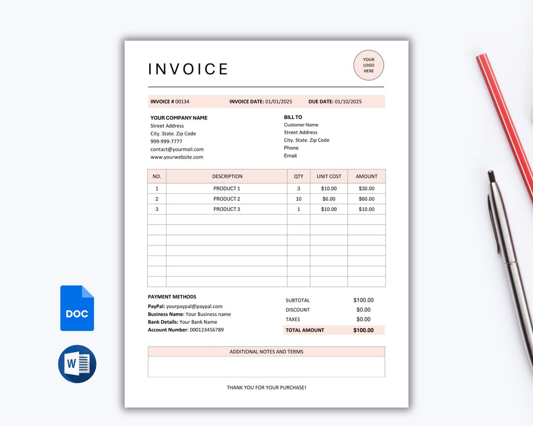 Editable Invoice Template: Printable Microsoft Word Invoice (A4 & US ...