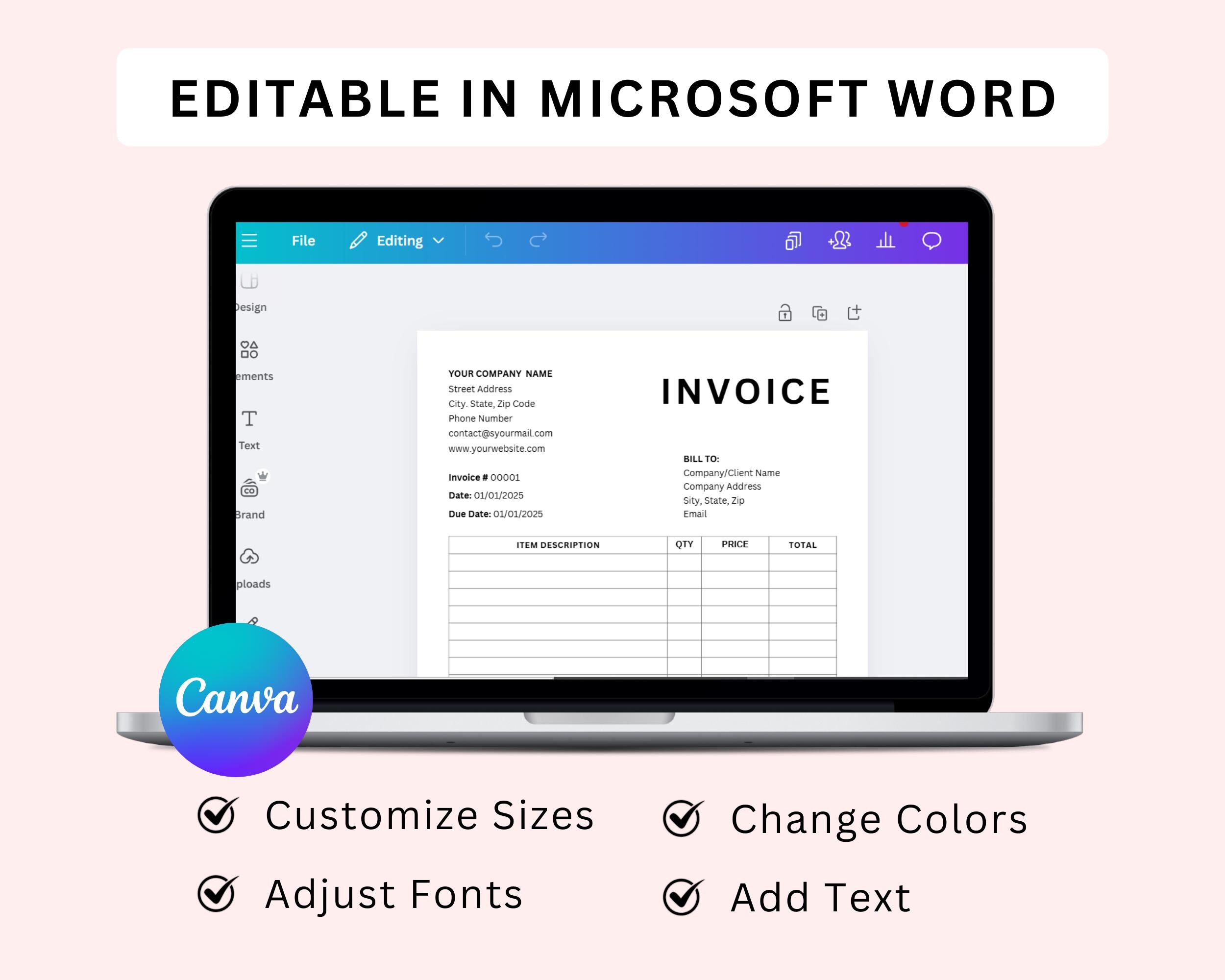 Editable Invoice Template for Small Business | Printable Professional ...