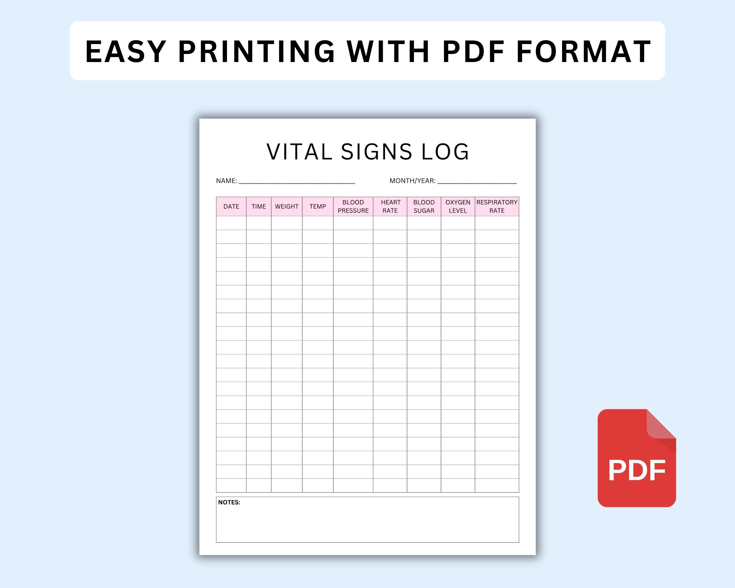 Printable Vital Signs Log, Daily Health Tracker, Vital Sign Tracker for ...