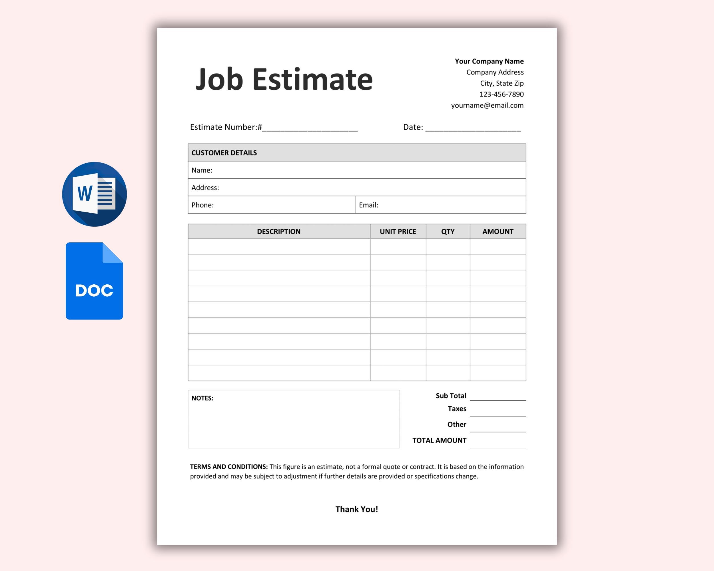 Job Estimate Template, Editable Work Estimate Form, Business Price ...