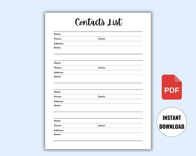 Printable Contact List Planner, Phone List, Contact Organizer, Contact ...