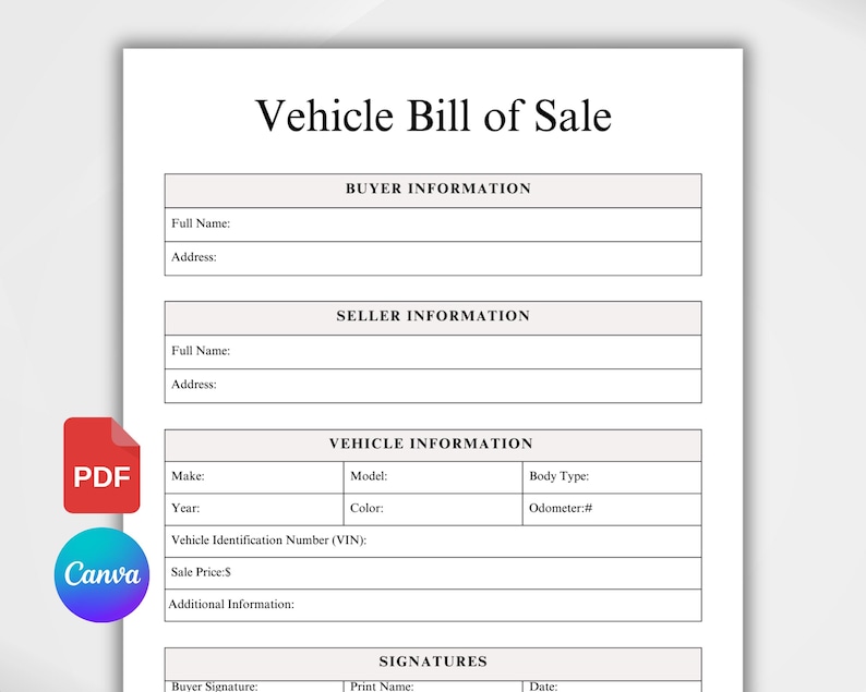 Printable Vehicle Bill of Sale. Car Sale Form. Bill of Sale Agreement ...