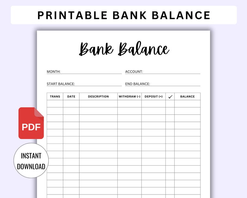Bank Balance Printable: Account Tracker, Savings Log (PDF) - Etsy