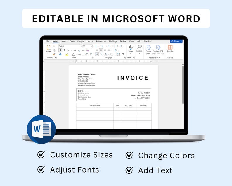 Editable Invoice Template Word & Google Docs | Professional Business ...